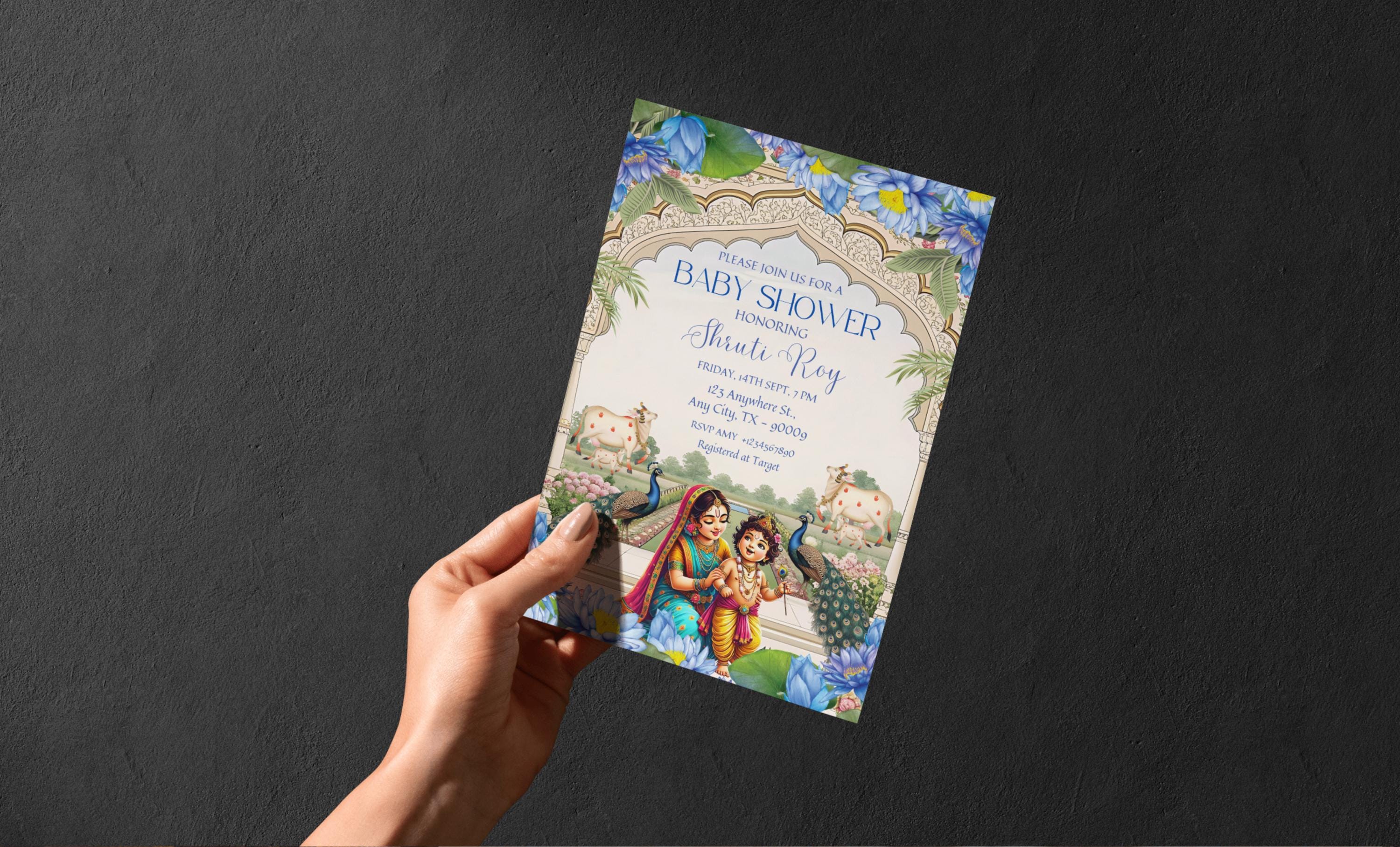 Krishna Baby Shower Invitation: Floral Mughal Garden, Seemantham ...