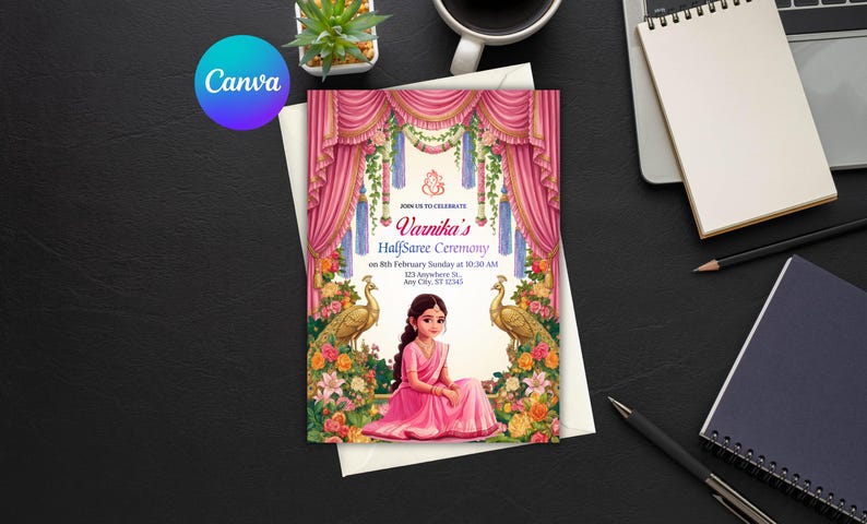 Half Saree Ceremony Invitation: Puberty Function Editable Canva ...