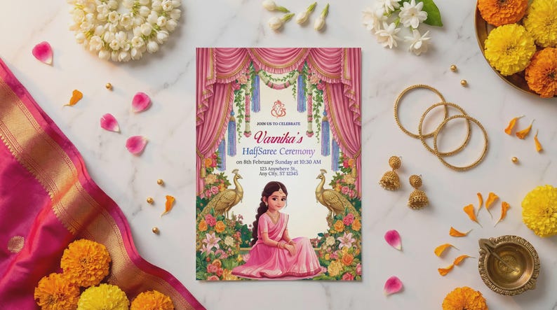 Half Saree Ceremony Invitation: Puberty Function Editable Canva ...