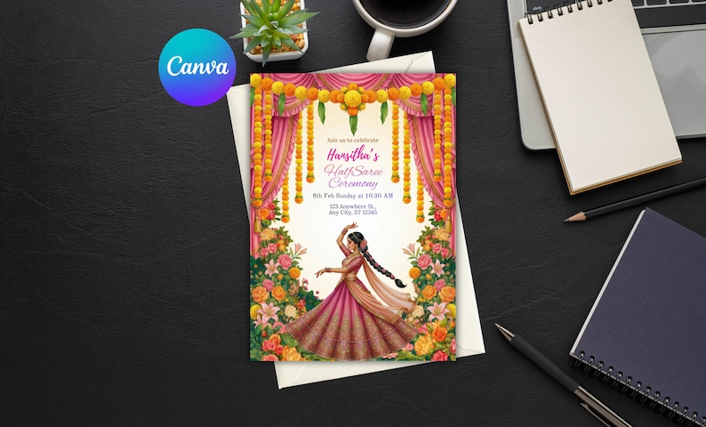 Half Saree Ceremony Invitation: Puberty Function Editable Canva ...