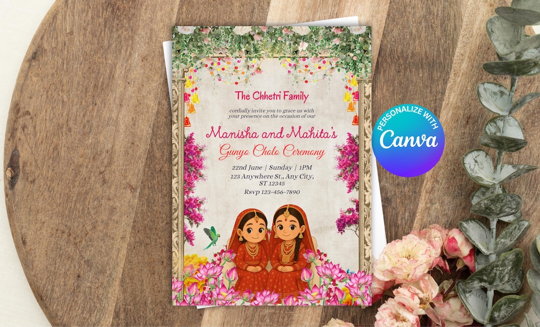 Twin Sister Gunyo Cholo Invitation: Nepali Half Saree Ceremony (canva ...