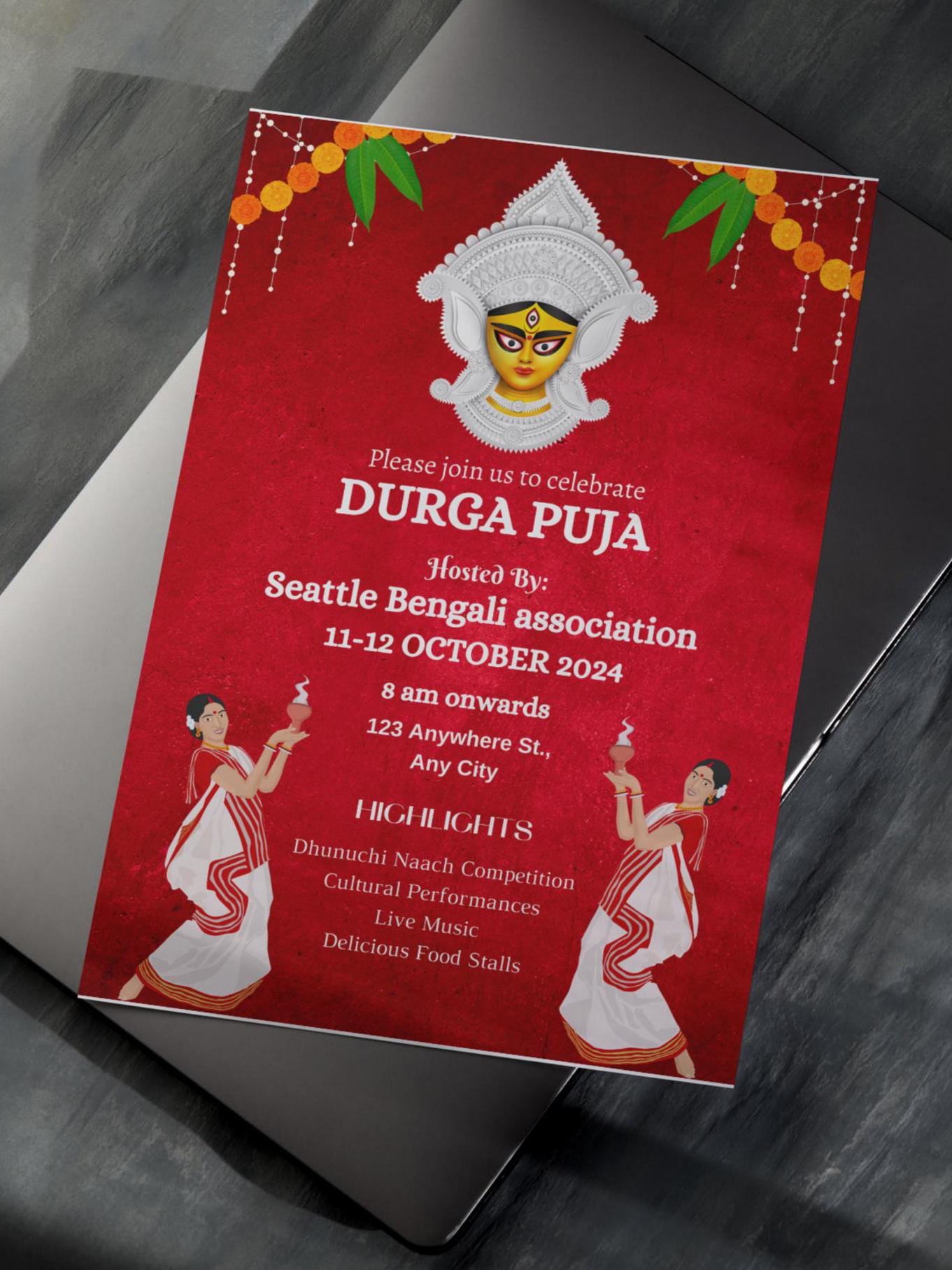 Durga Puja Invite, Indian Festive Puja Invite, Ma Durga Puja Invitation ...