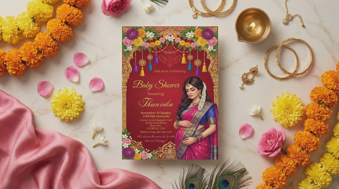 Indian Baby Shower Invitation: Floral Seemantham, Valaikappu Invite ...