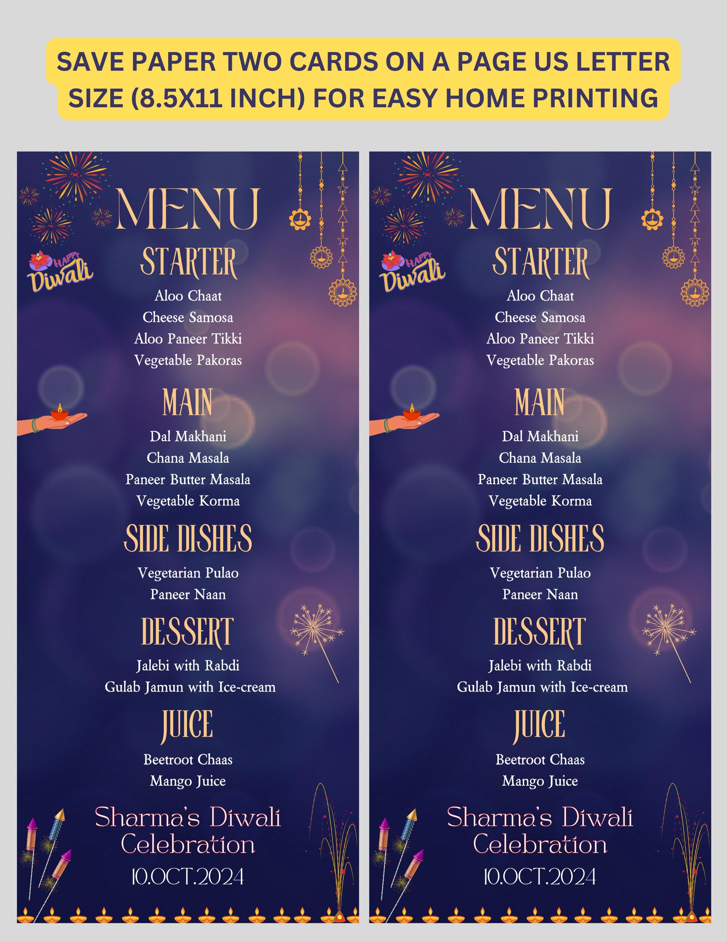 Diwali Party Food Menu Card, Deepavali Celebration Food Menu Card ...