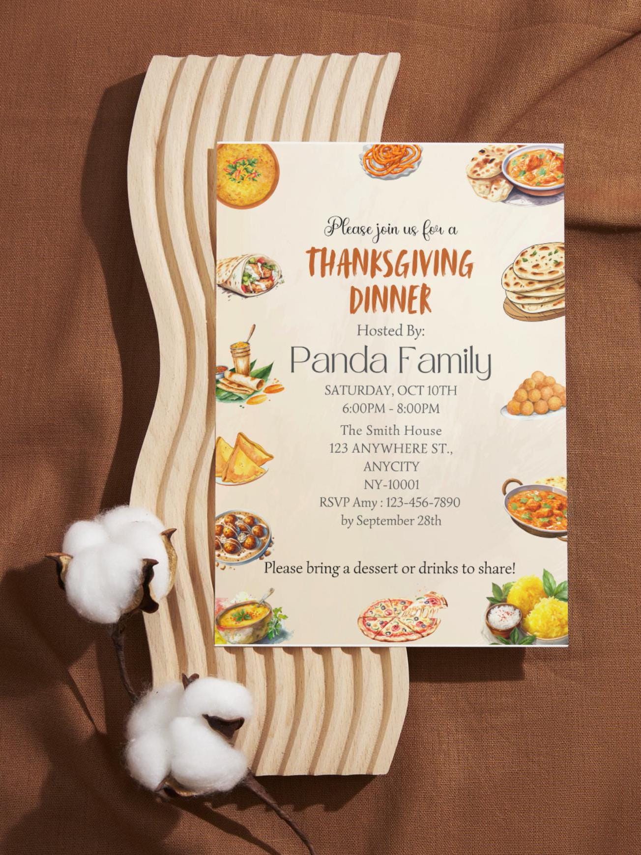Indian Thanksgiving Dinner Invitation: Editable Festive Potluck Invite ...