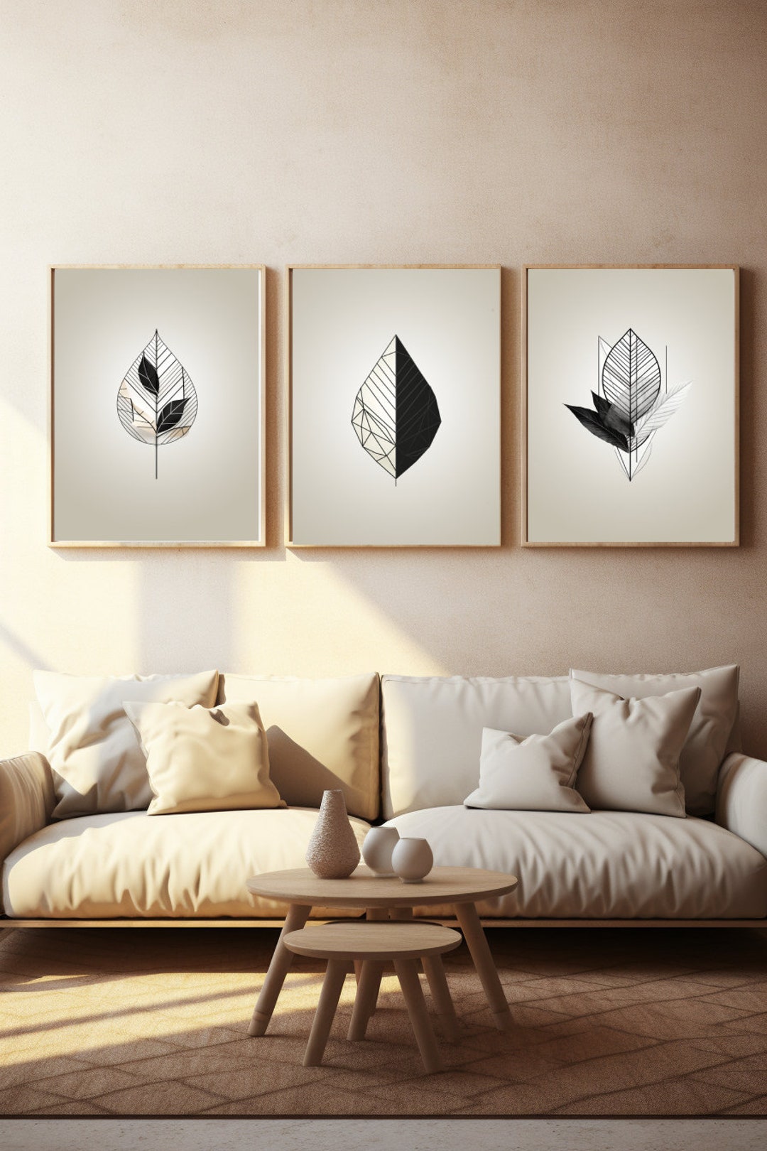 Minimalist Leaves Wall Art Canvas Prints, Greyscale W Accents ...