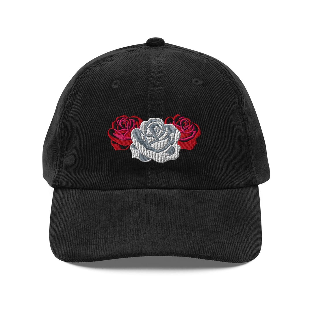 White and Red Rose Hat | Premium Vintage Corduroy Cap | Embroidered Hat ...