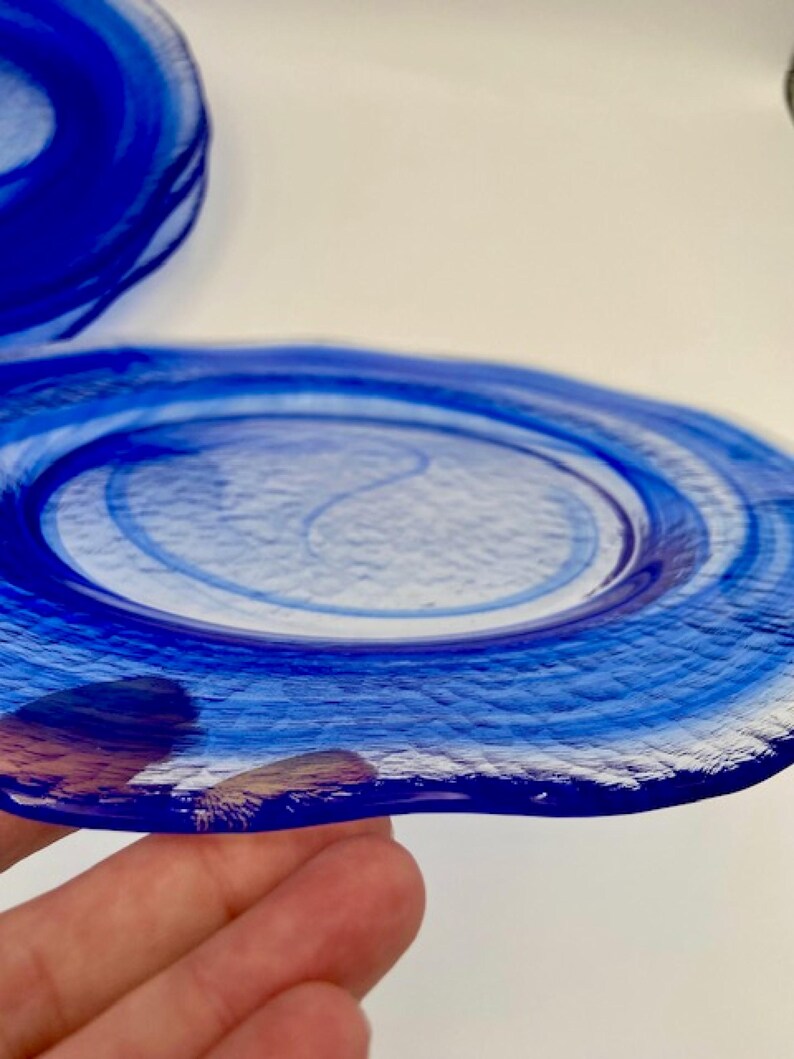 6 Cobalt Blue Swirl Alabaster Art Glass Natural Wavy Edged 11d Plates ...