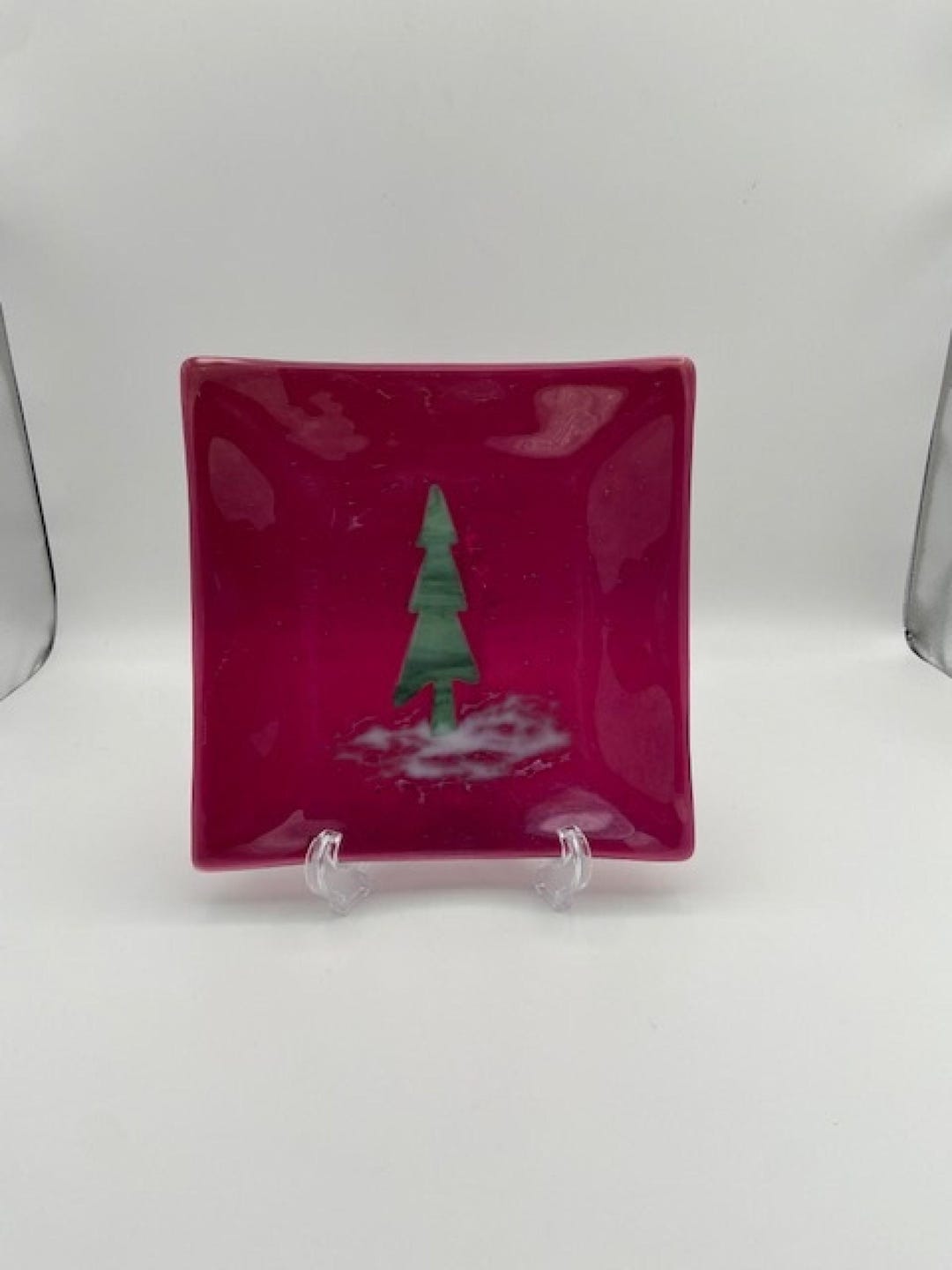 Fused Glass Winter Tree 8.75" Square Dish Iridescent Signed Art Glass ...