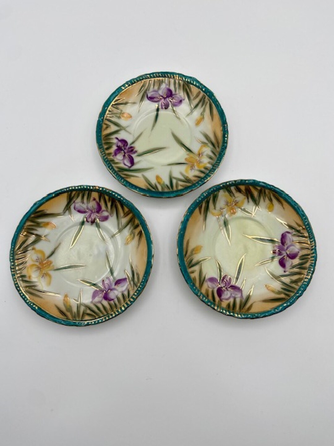 Antique Japanese Porcelain Iris Hand Painted Saucers/butter Pats - Etsy
