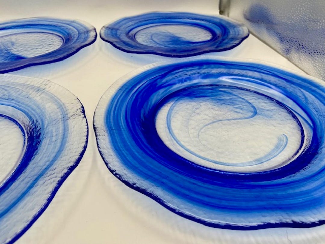 6 Cobalt Blue Swirl Alabaster Art Glass Natural Wavy Edged 11"d Plates ...