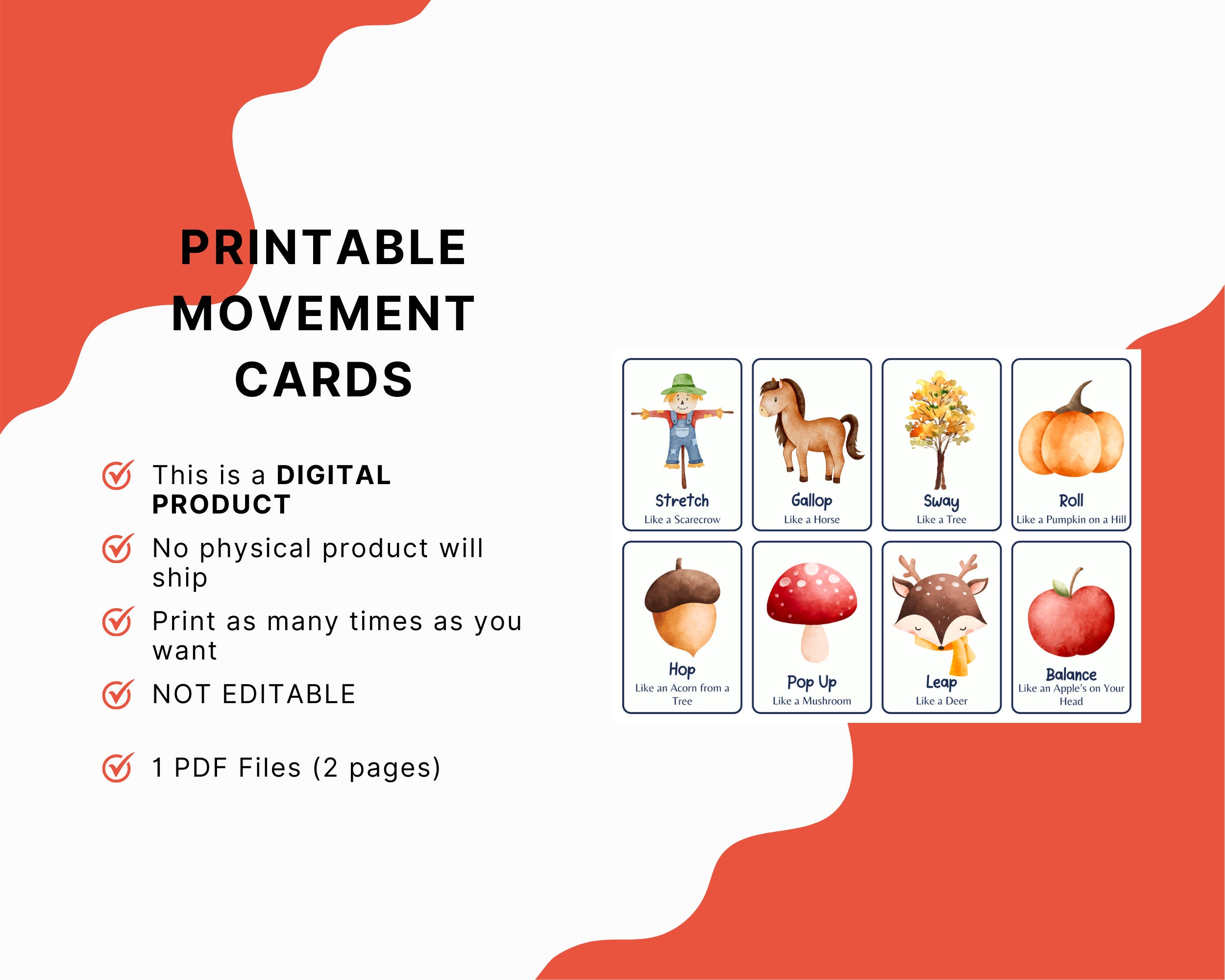 Movement Cards, Gross Motor Skills, Kids Movement Cards, Fall Themed ...