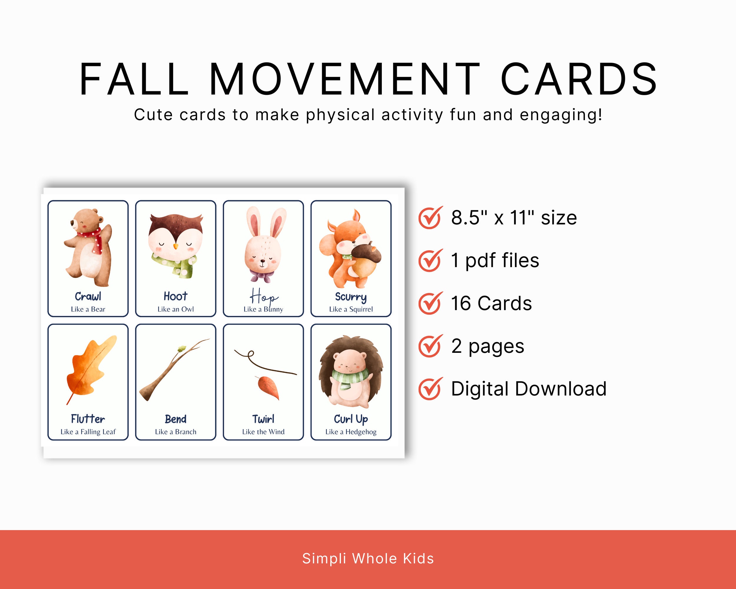 Movement Cards, Gross Motor Skills, Kids Movement Cards, Fall Themed ...