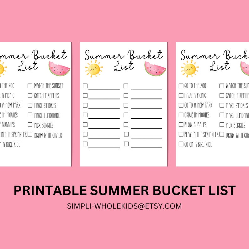 Summer Bucket List, Blank and Pre-filled Summer Bucket List Printable ...