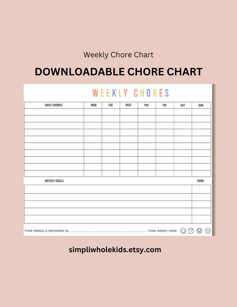 Weekly Chore Chart, Kids Weekly Chore Chart, Kids Printable Routine and ...