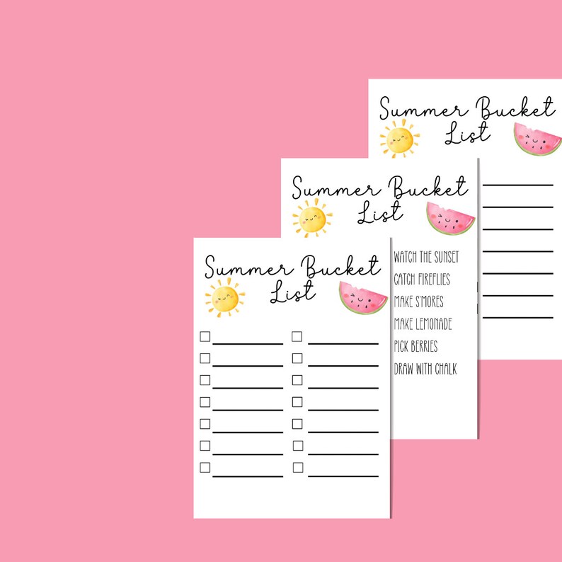 Summer Bucket List, Blank and Pre-filled Summer Bucket List Printable ...