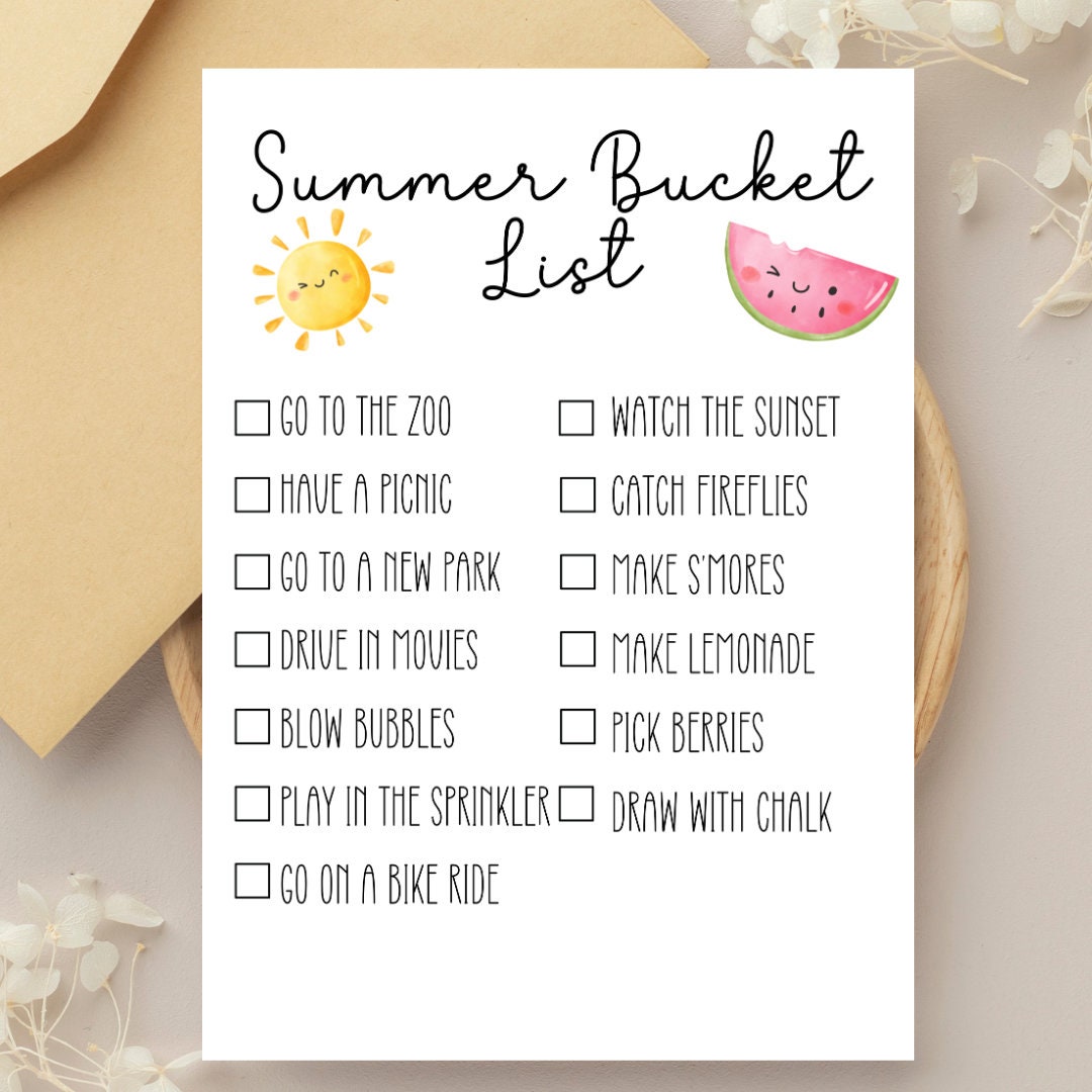 Summer Bucket List, Blank and Pre-filled Summer Bucket List Printable ...