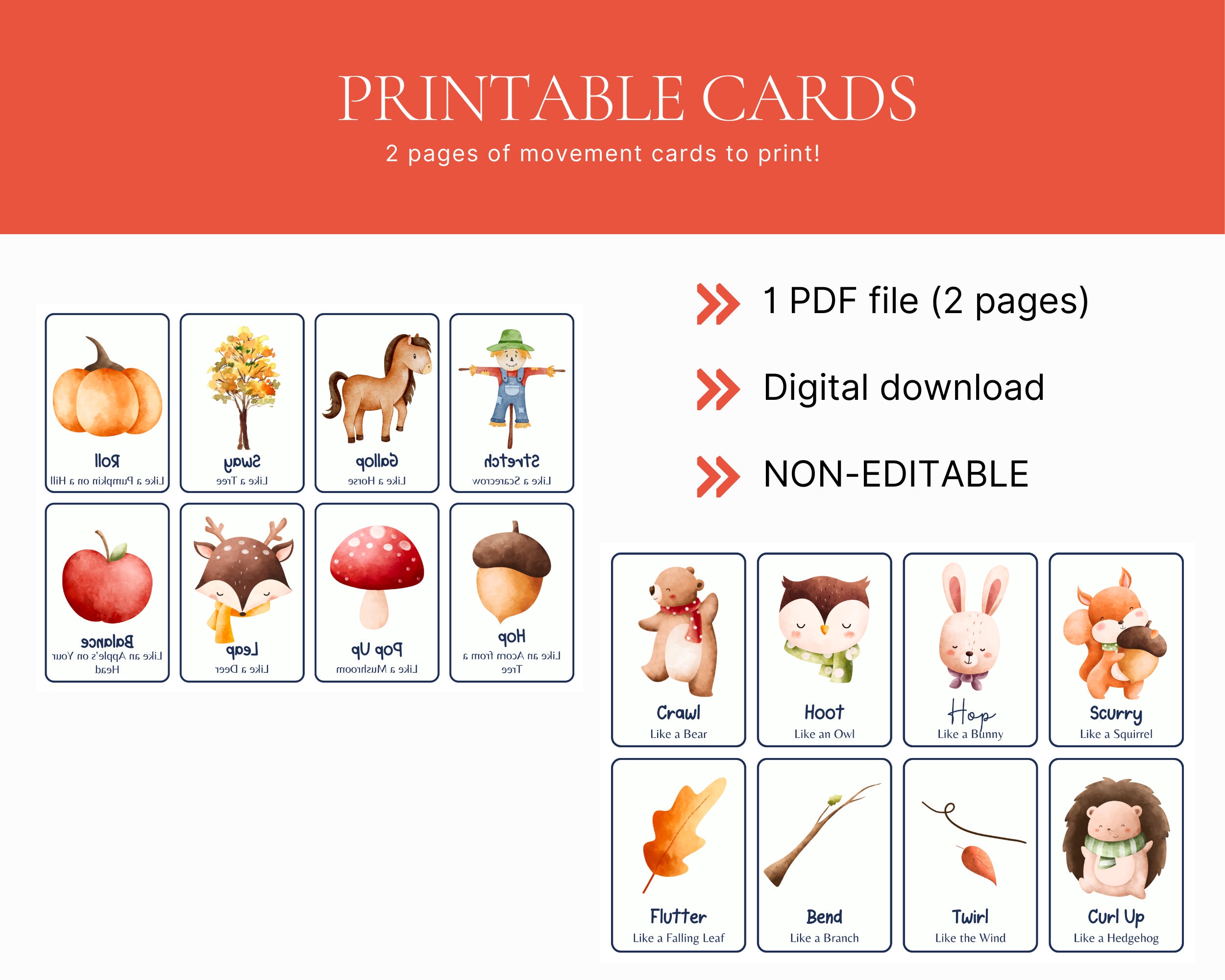 Movement Cards, Gross Motor Skills, Kids Movement Cards, Fall Themed ...