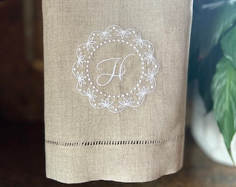 Monogrammed Double Wreath Machine Embroidered on White Hemstitched Hand ...