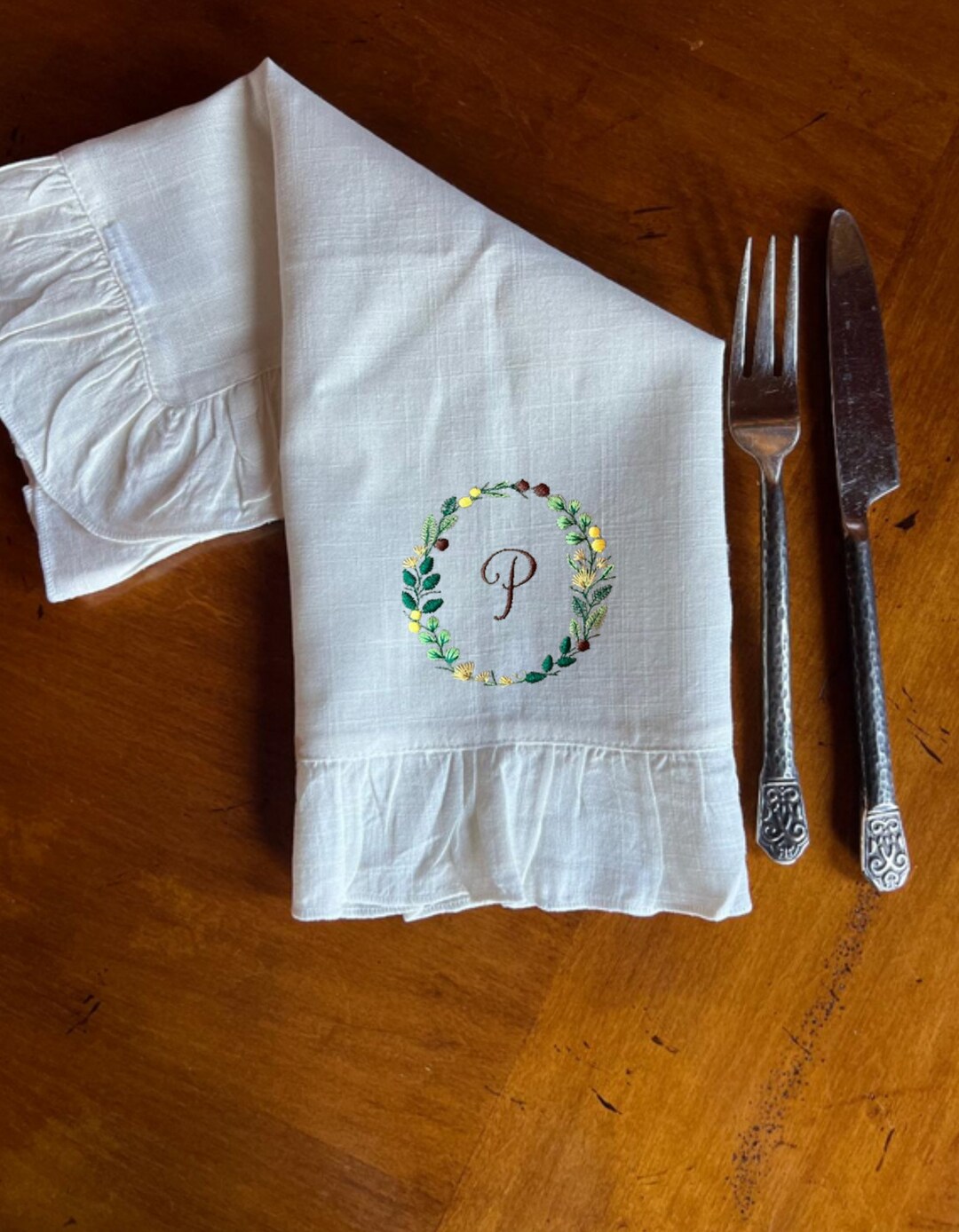 Elegant Botanical Monogram Machine Embroidered on White Ruffle Trimmed ...