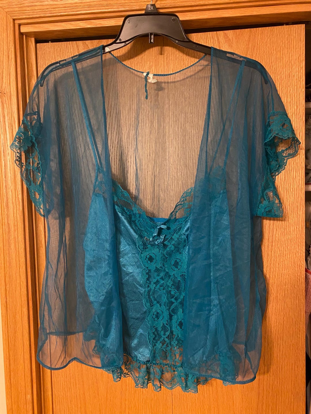 Vintage SHEER Teal Nylon Chiffon Satin Lace Cami & Short Robe Peignoir ...