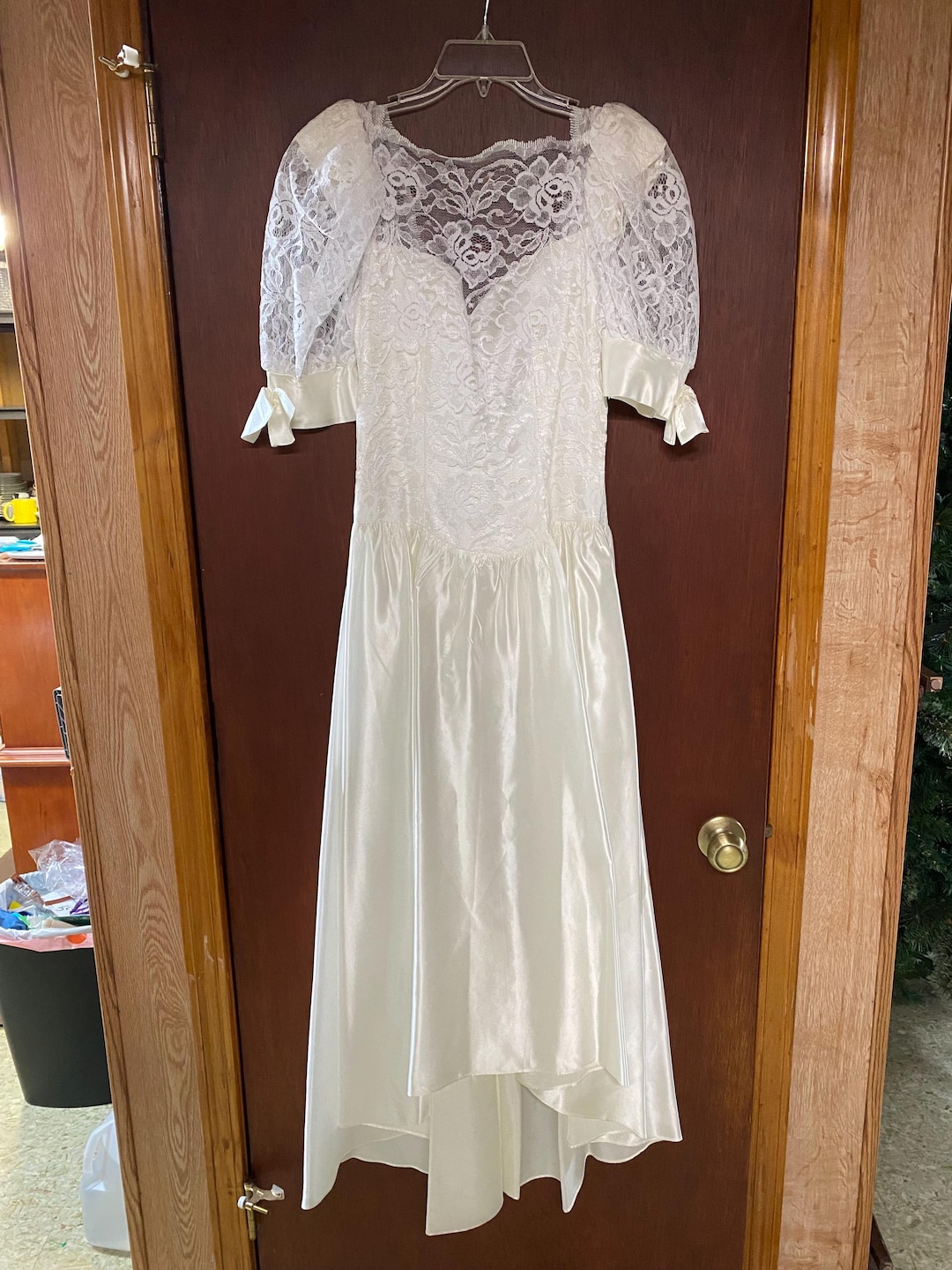 Vintage Alfred Angelo Wedding Prom Dress Lace Puff Sleeves Large Back ...