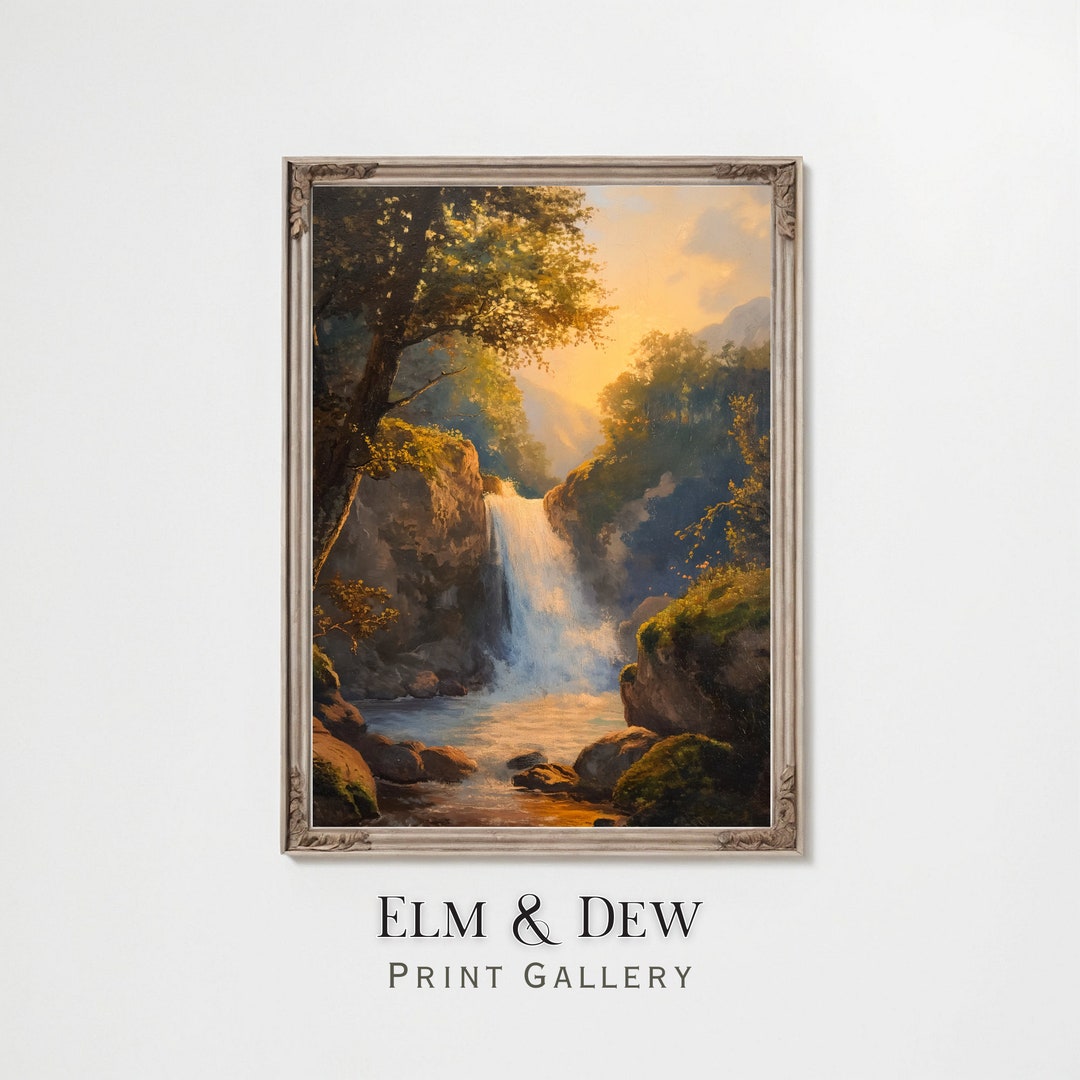 Vintage Waterfall Landscape Painting, Vintage Art, Elegant Wall Art ...
