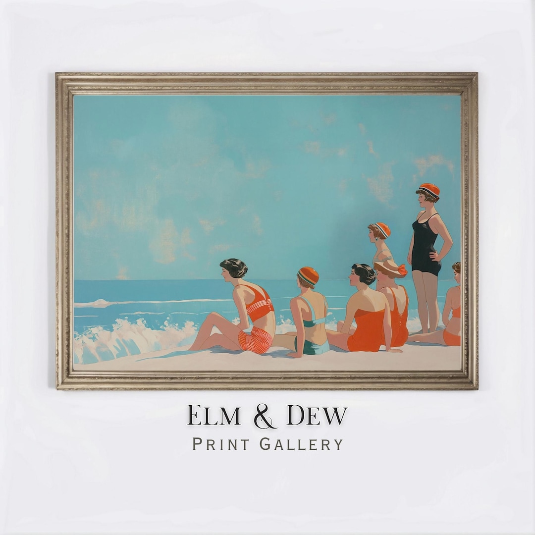 Vintage Beach Scene Art Deco Print, Retro Summer Decor, Seaside Wall ...