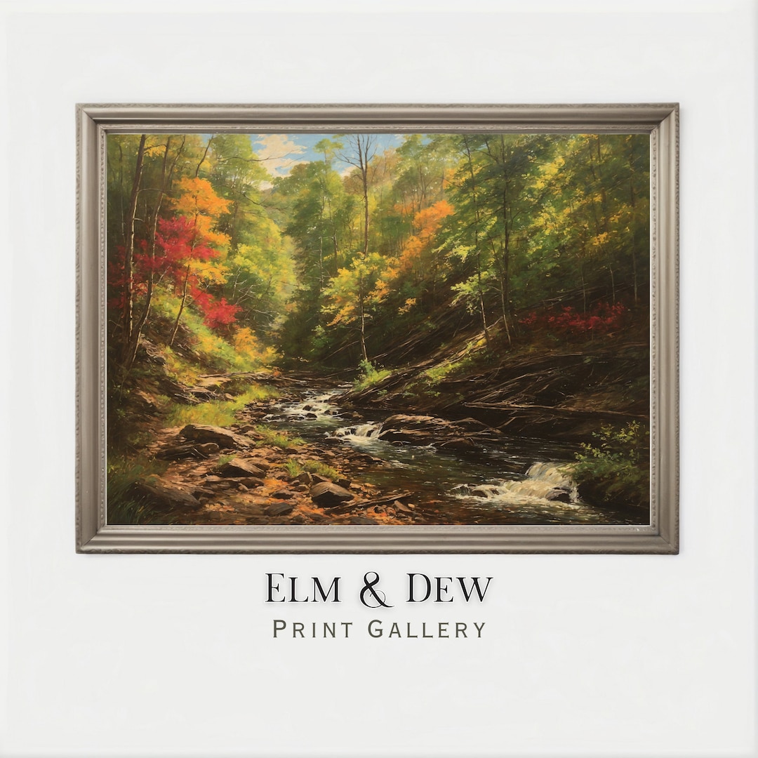 Rustic Autumn Forest Painting, Fall River Art, Vintage Country Decor ...