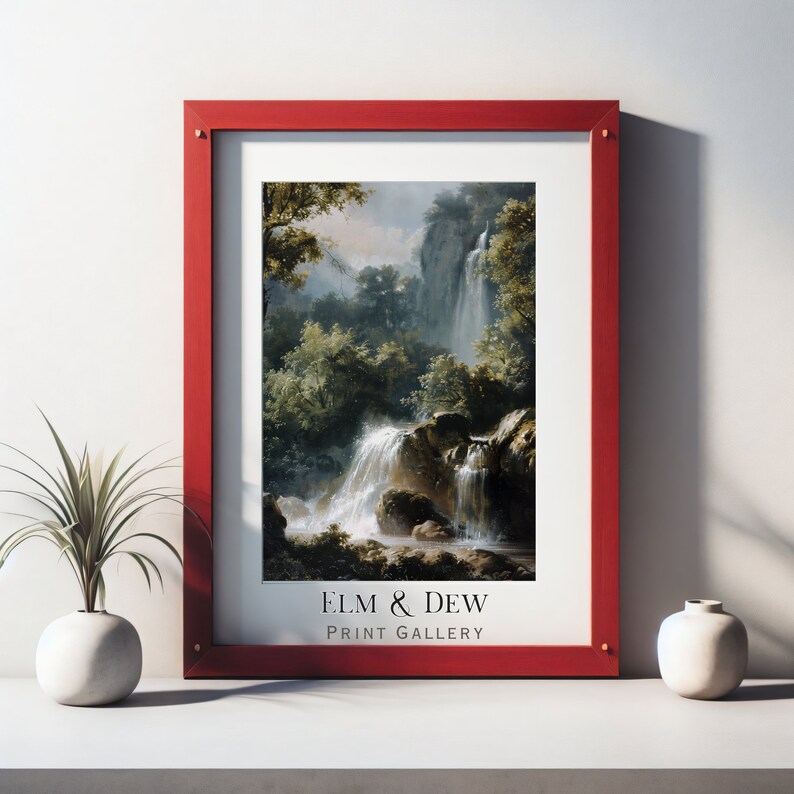 Vintage Waterfall Landscape Painting, Nature Art, Oil Painting, Forest ...