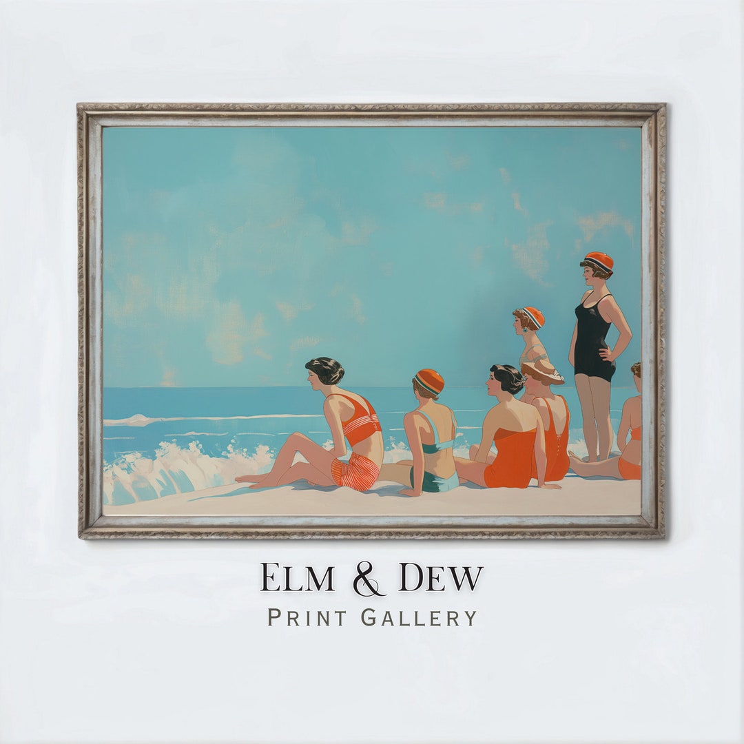 Vintage Beach Scene Art Deco Print, Retro Summer Decor, Seaside Wall ...