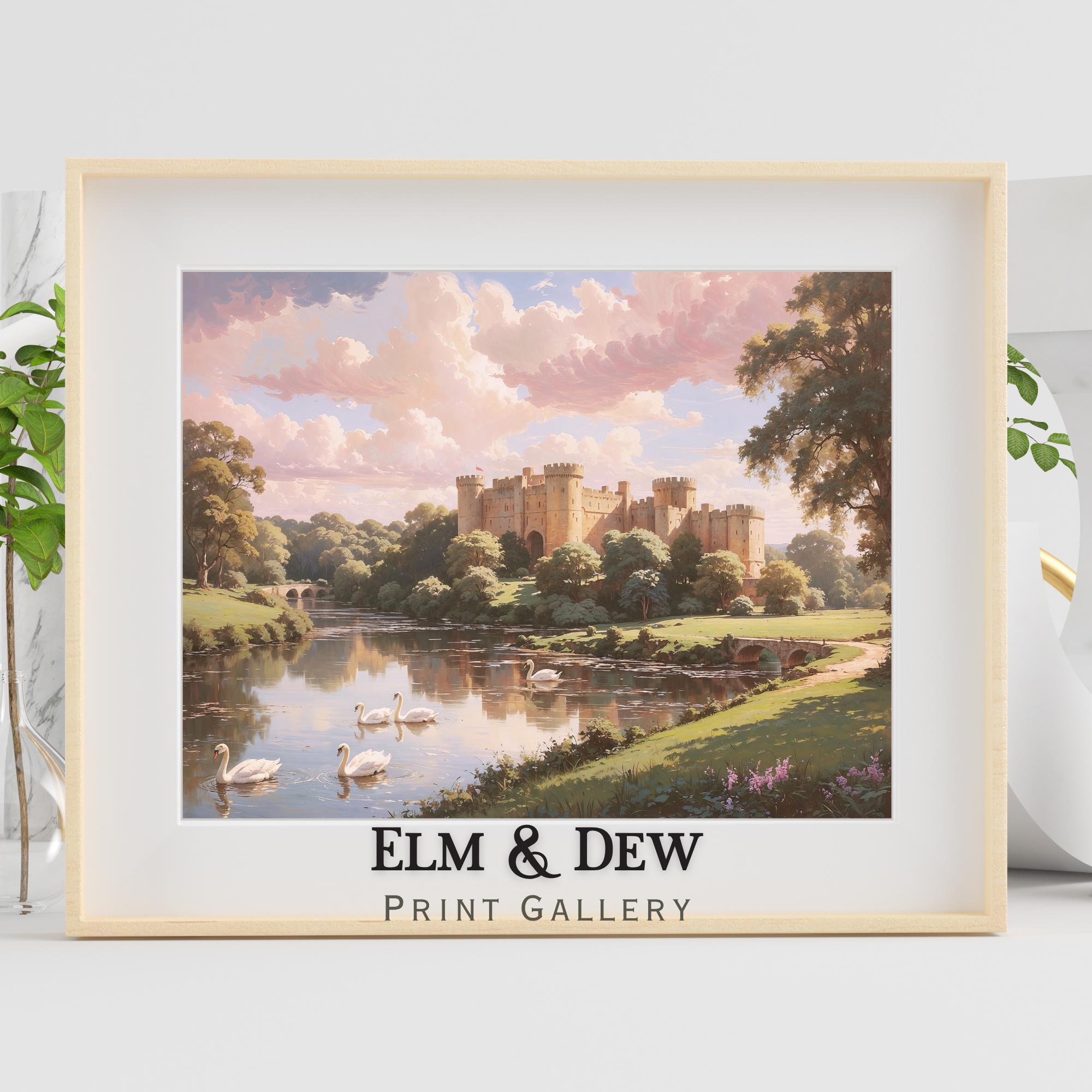 Vintage Castle Artwork, Landscape Painting, Lake Print, Swan Art ...