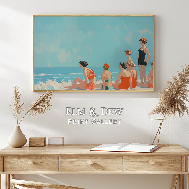 Vintage Beach Scene Art Deco Print, Retro Summer Decor, Seaside Wall Art, Beach Printable ...
