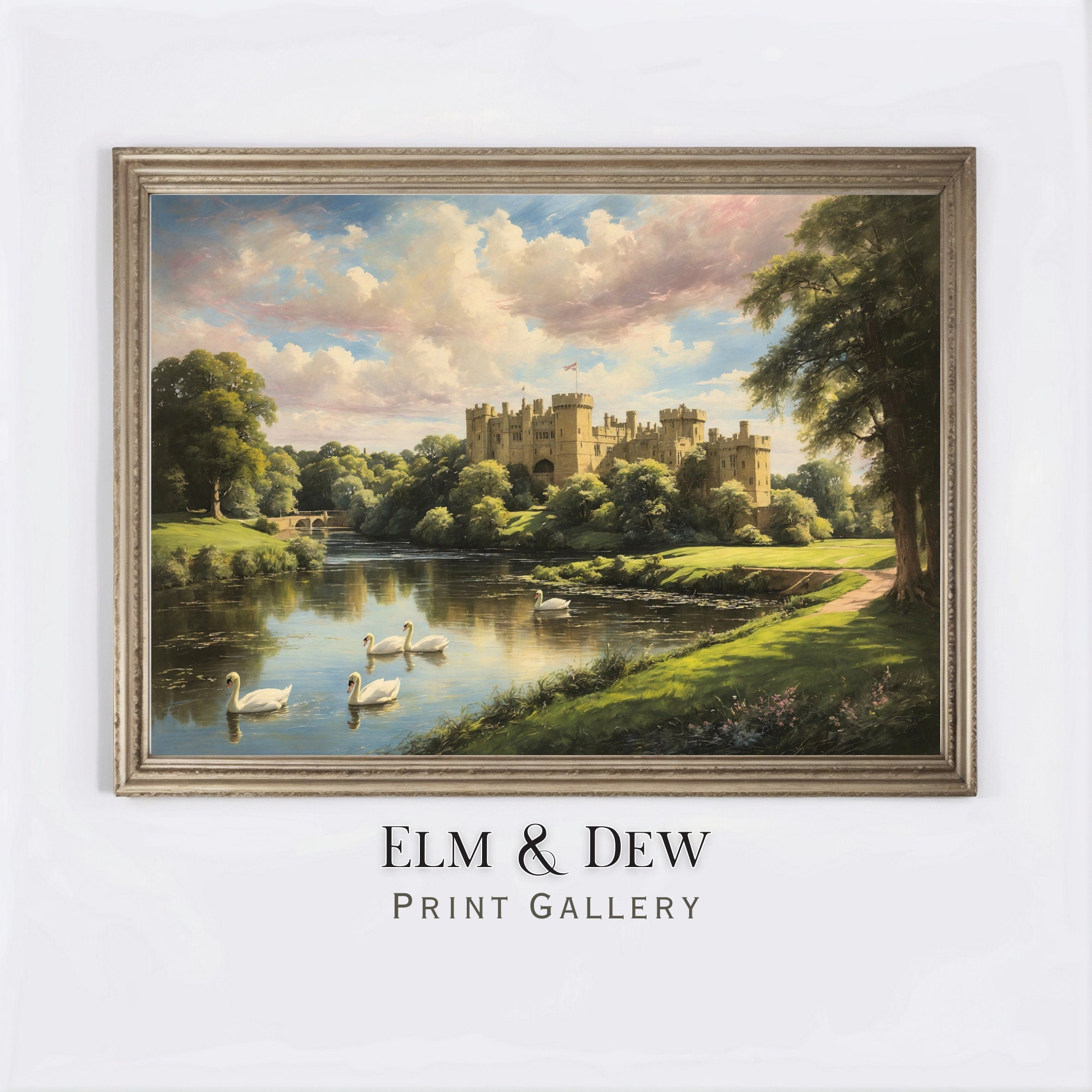 Vintage Castle Artwork, Landscape Painting, Lake Print, Swan Art ...