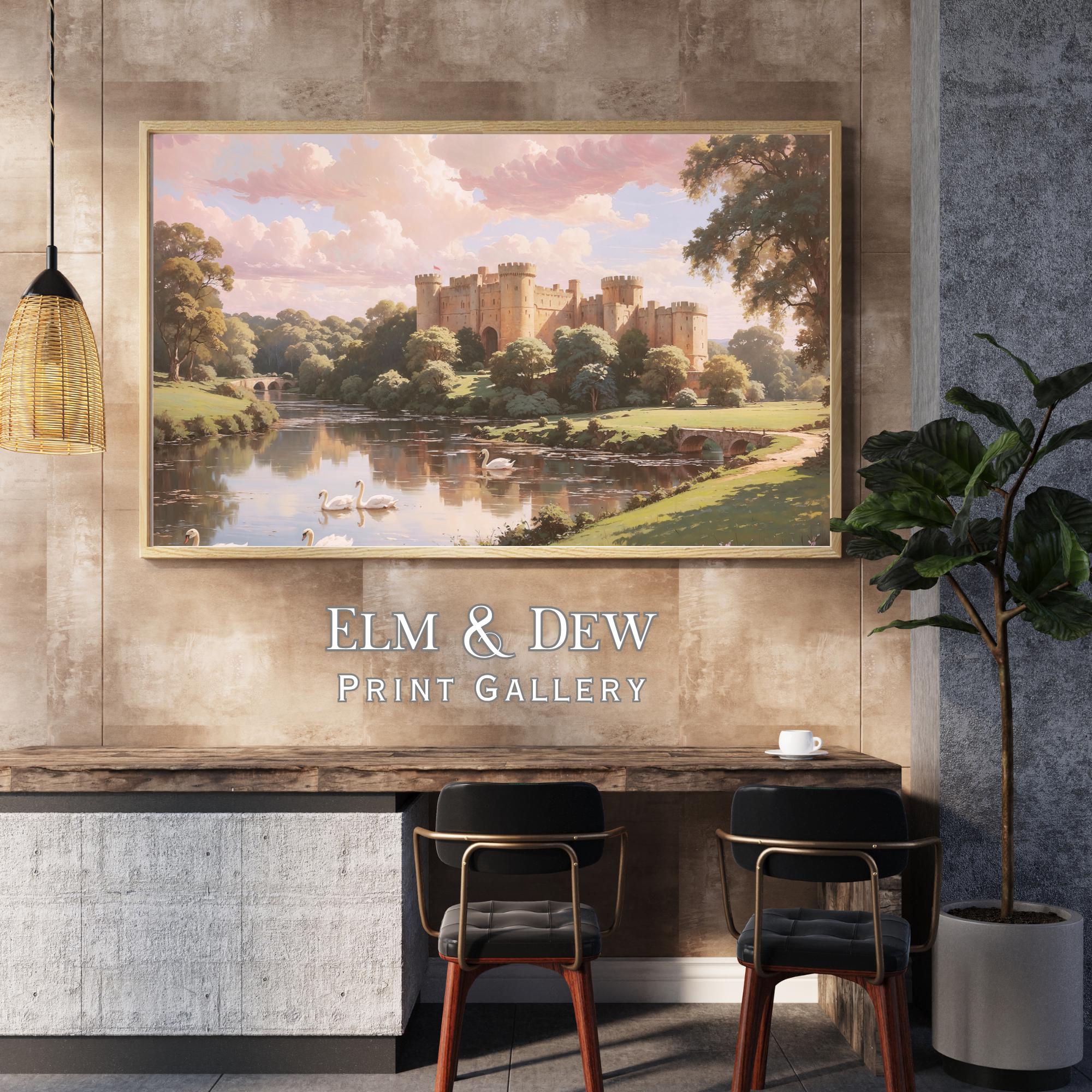 Vintage Castle Artwork, Landscape Painting, Lake Print, Swan Art ...