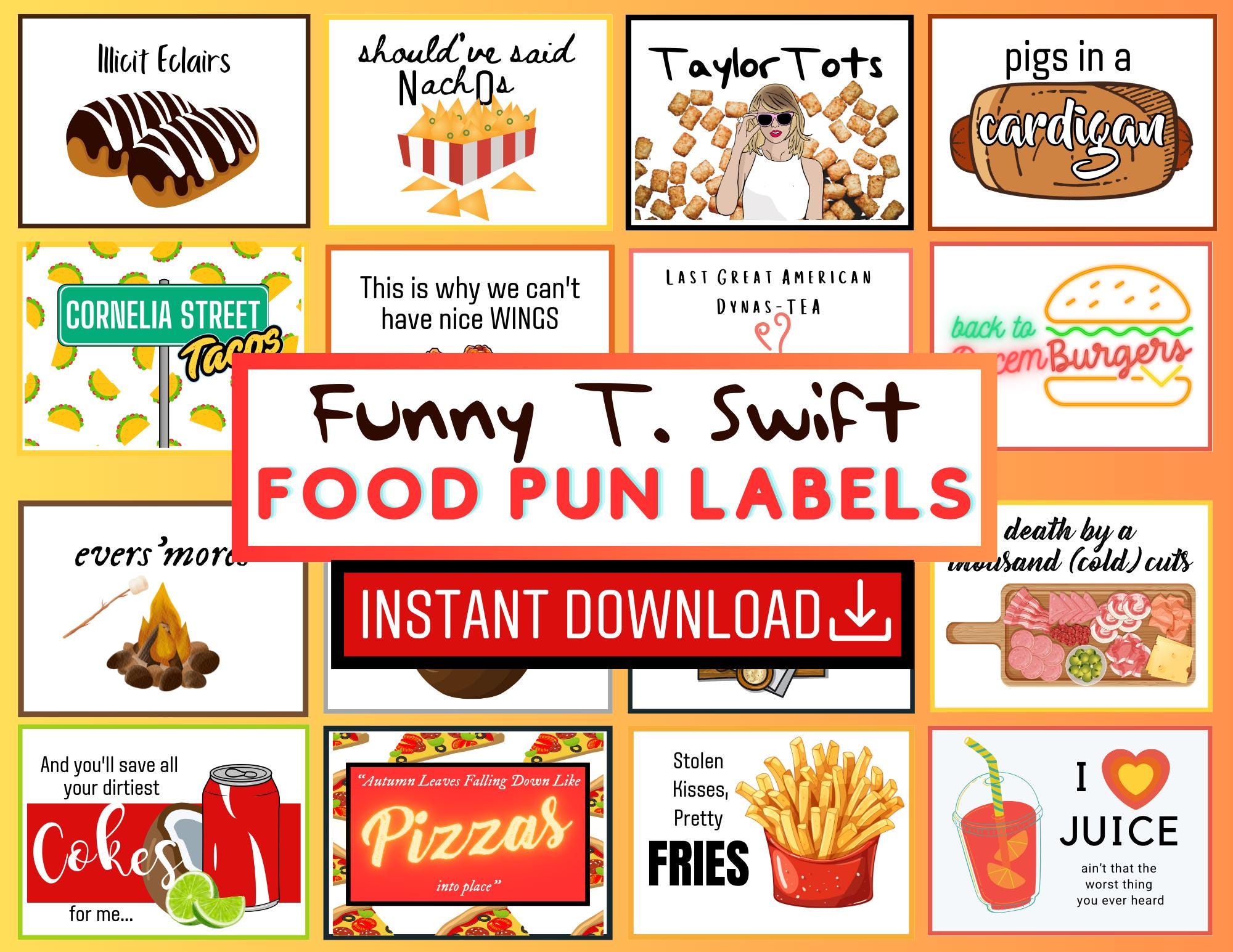 Taylor Food Pun Labels - Swift Party Foods - Funny Tay Swift Foods ...