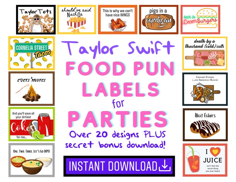 Taylor Food Pun Labels - Swift Party Foods - Funny Tay Swift Foods ...