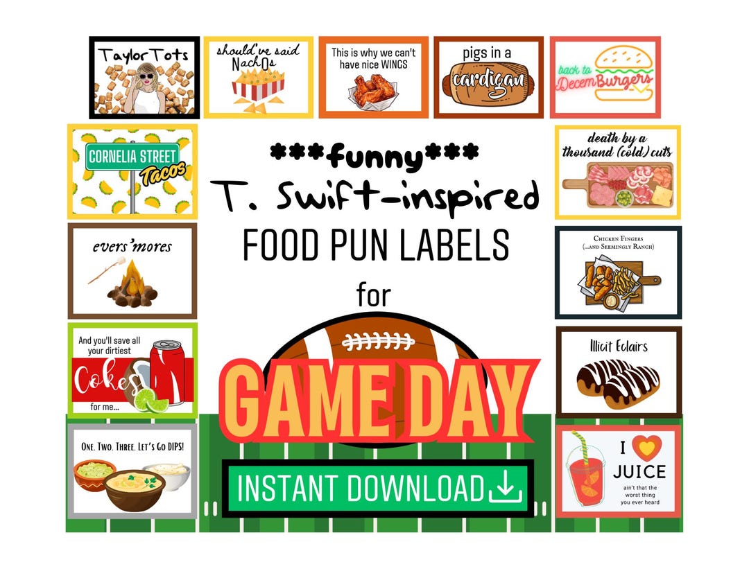 Tay Swift Food Pun Labels - Taylor Bowl Foods - Game Day Snacks - Super ...