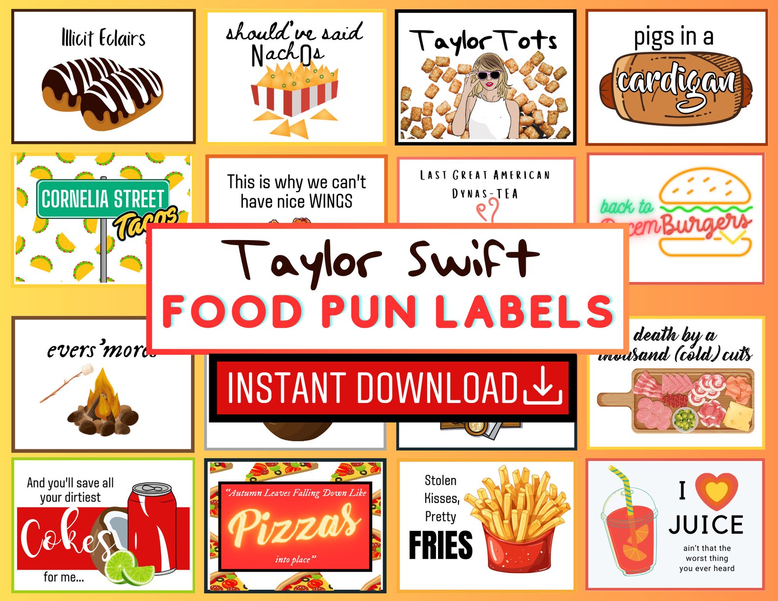 Taylor Swift Food Pun Labels Taylor Swift Party Foods Funny Taylor ...