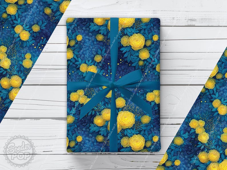 Blue Floral Wrapping Paper | Yellow Flower Gift Wrap Roll | Botanical ...