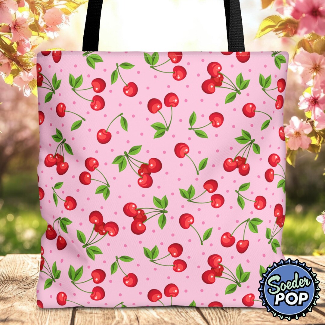 Pink Cherry Print Tote Bag With Polka Dots for Work School Travel ...