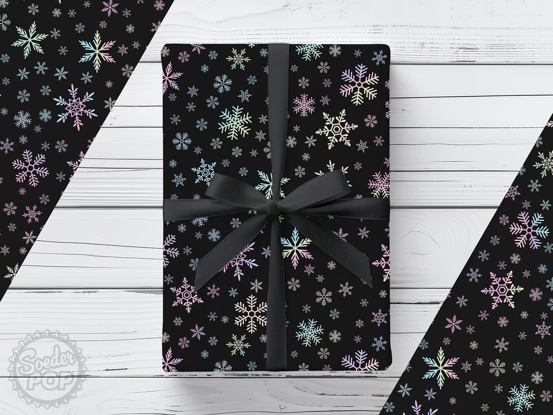 Pastel on Black Snowflake Christmas Wrapping Paper, Snowflakes Holiday ...