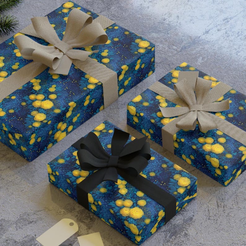Blue Floral Wrapping Paper | Yellow Flower Gift Wrap Roll | Botanical ...