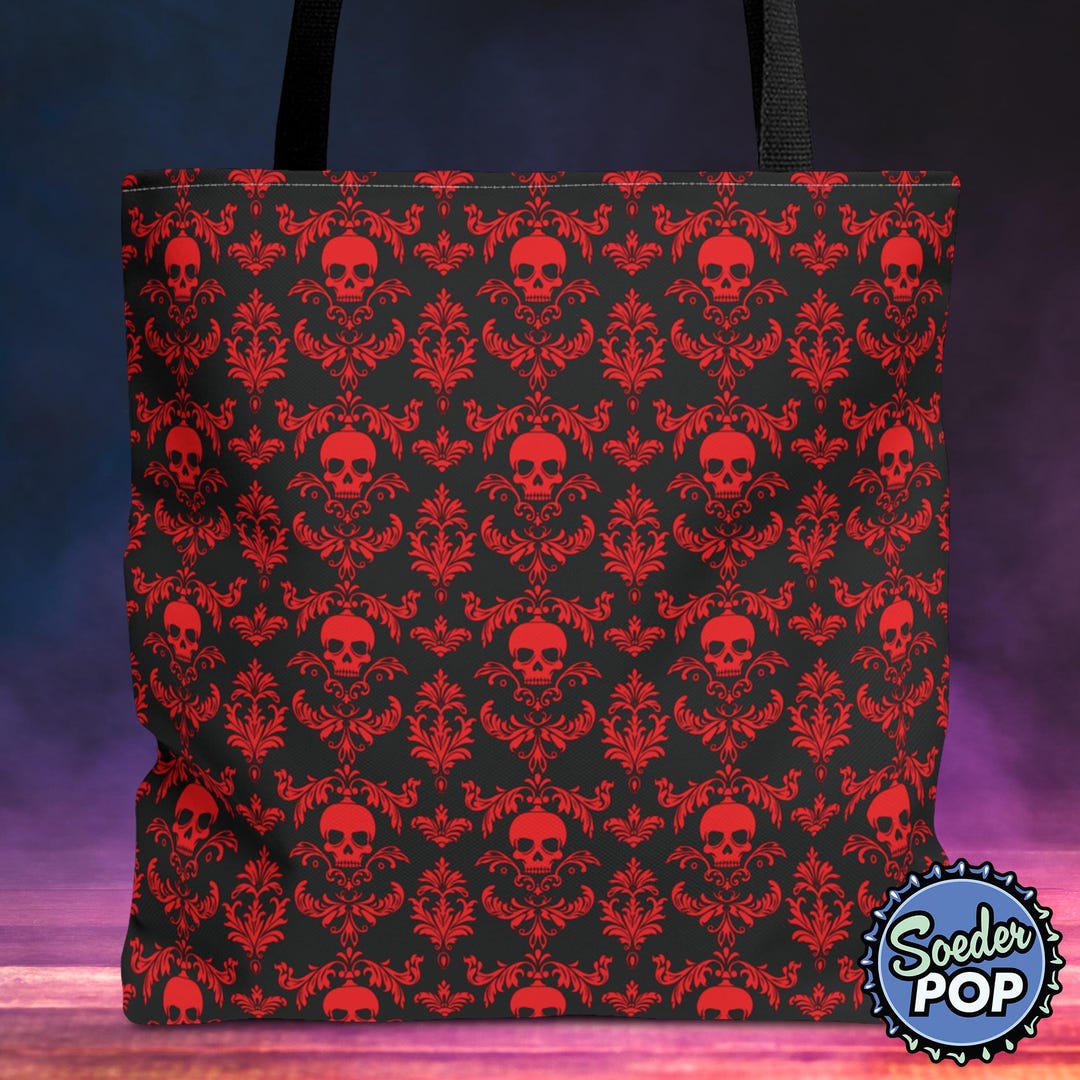 Red Gothic Skull Damask Tote Bag, Goth Skull Pattern Tote Purse, Spooky ...