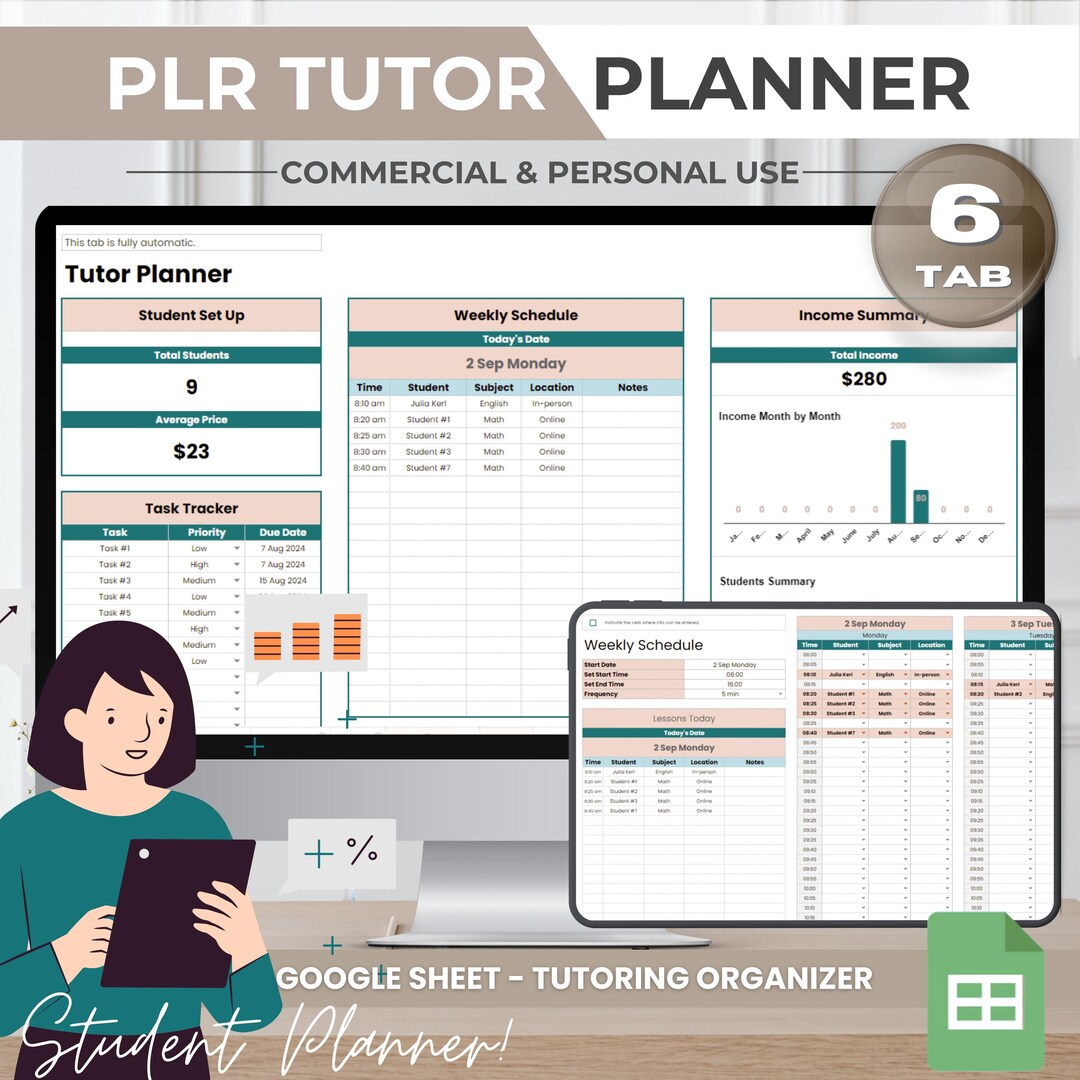 PLR Tutor Planner Spreadsheet Tutoring Organizer Google Sheet Passive ...