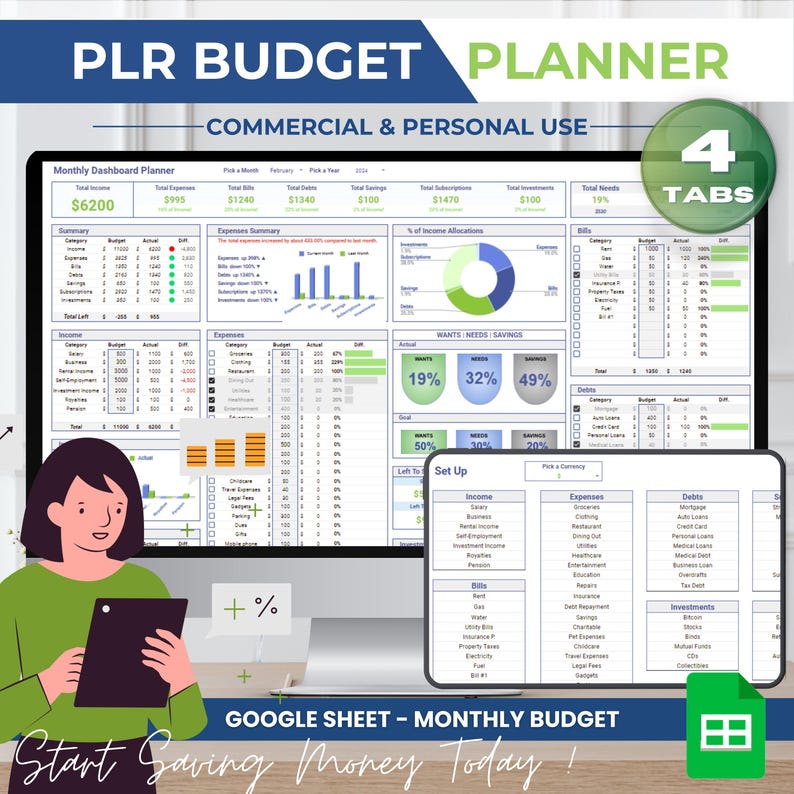 PLR Monthly Budget Planner Google Sheet Budget Expenses Tracker Finance ...