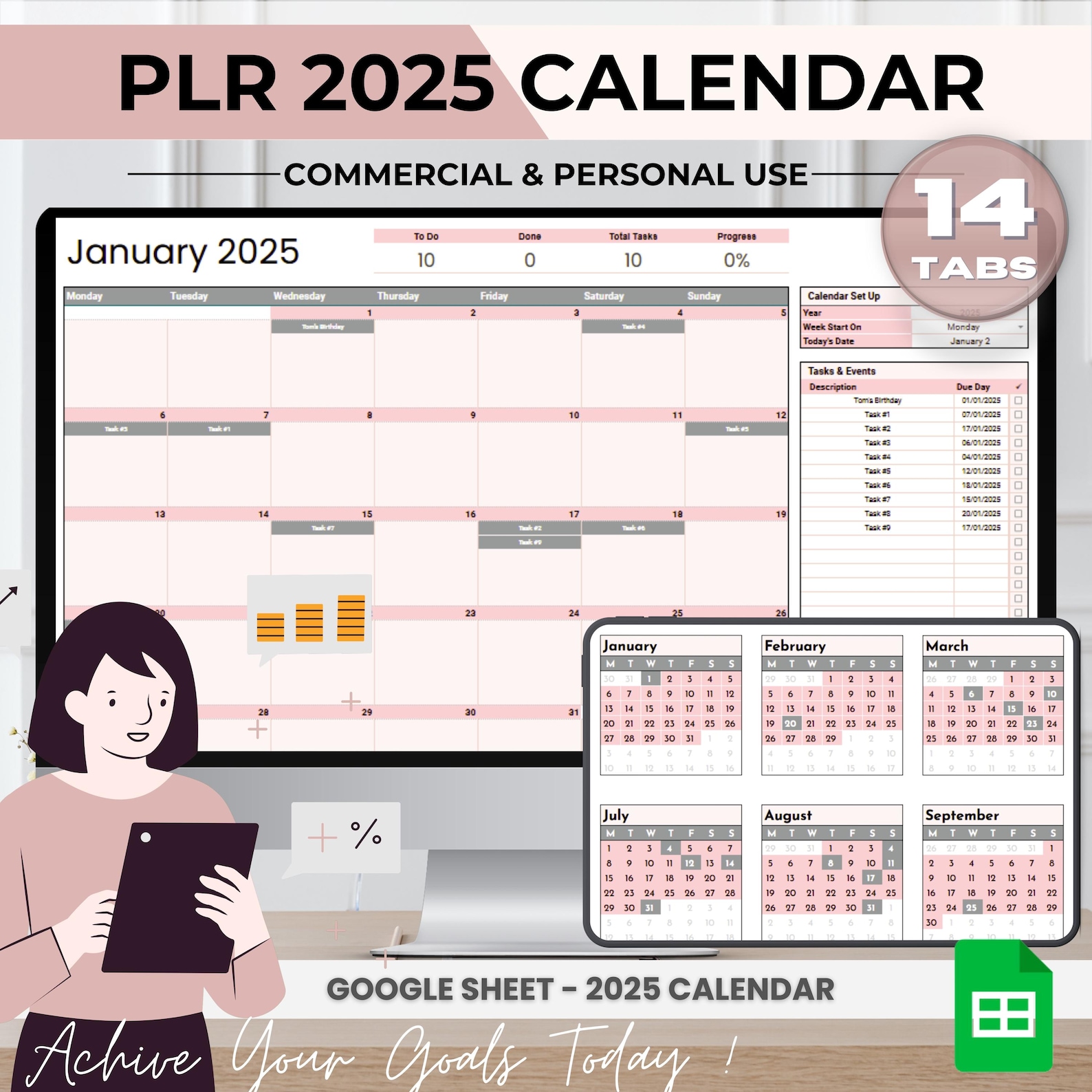 2025 Monthly Calendar Spreadsheet: PLR Google Sheets Template - Etsy