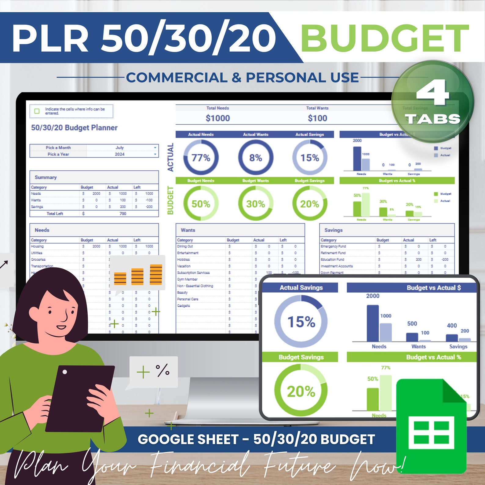PLR 50/30/20 Budget Planner PLR Google Sheet Monthly Budget PLR ...