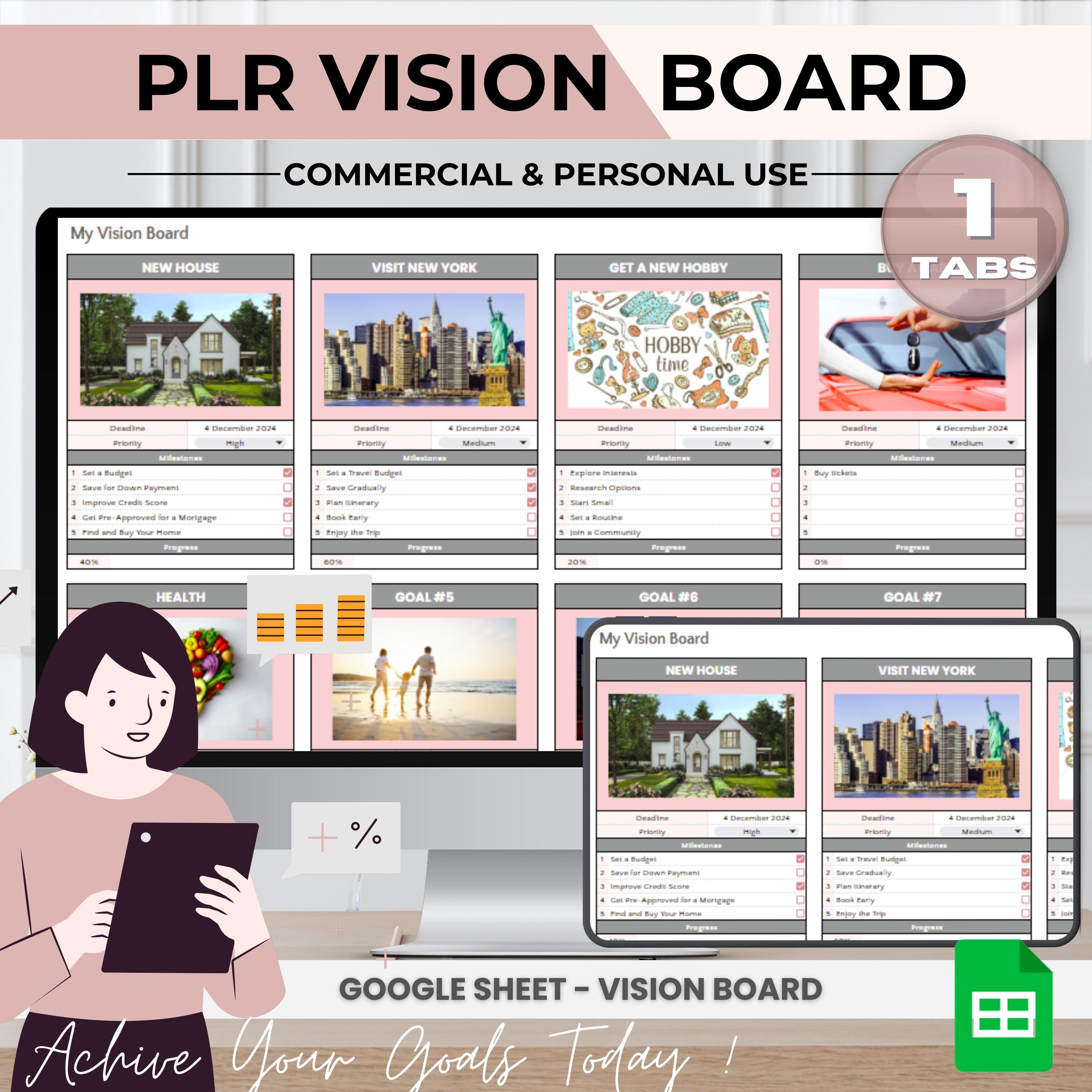 PLR Vision Board Goal Planner: Google Sheets Tracker (master Resell ...