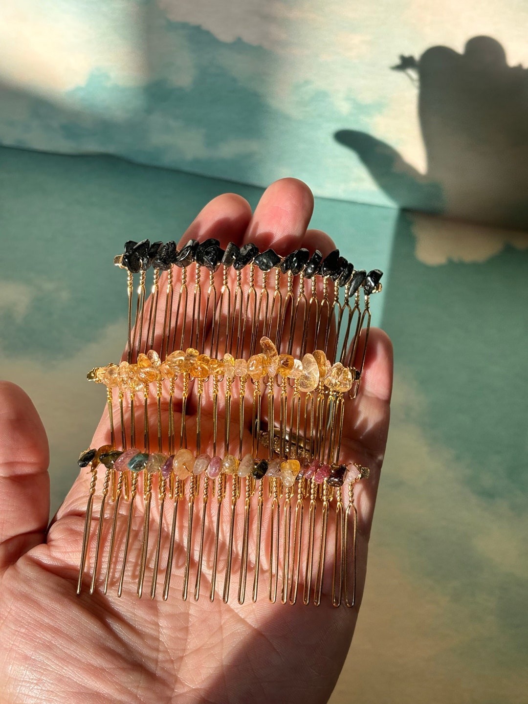 Gemstone Hair Comb, Bun Holder, Crystal Hair Comb in Citrine, Obsidian ...